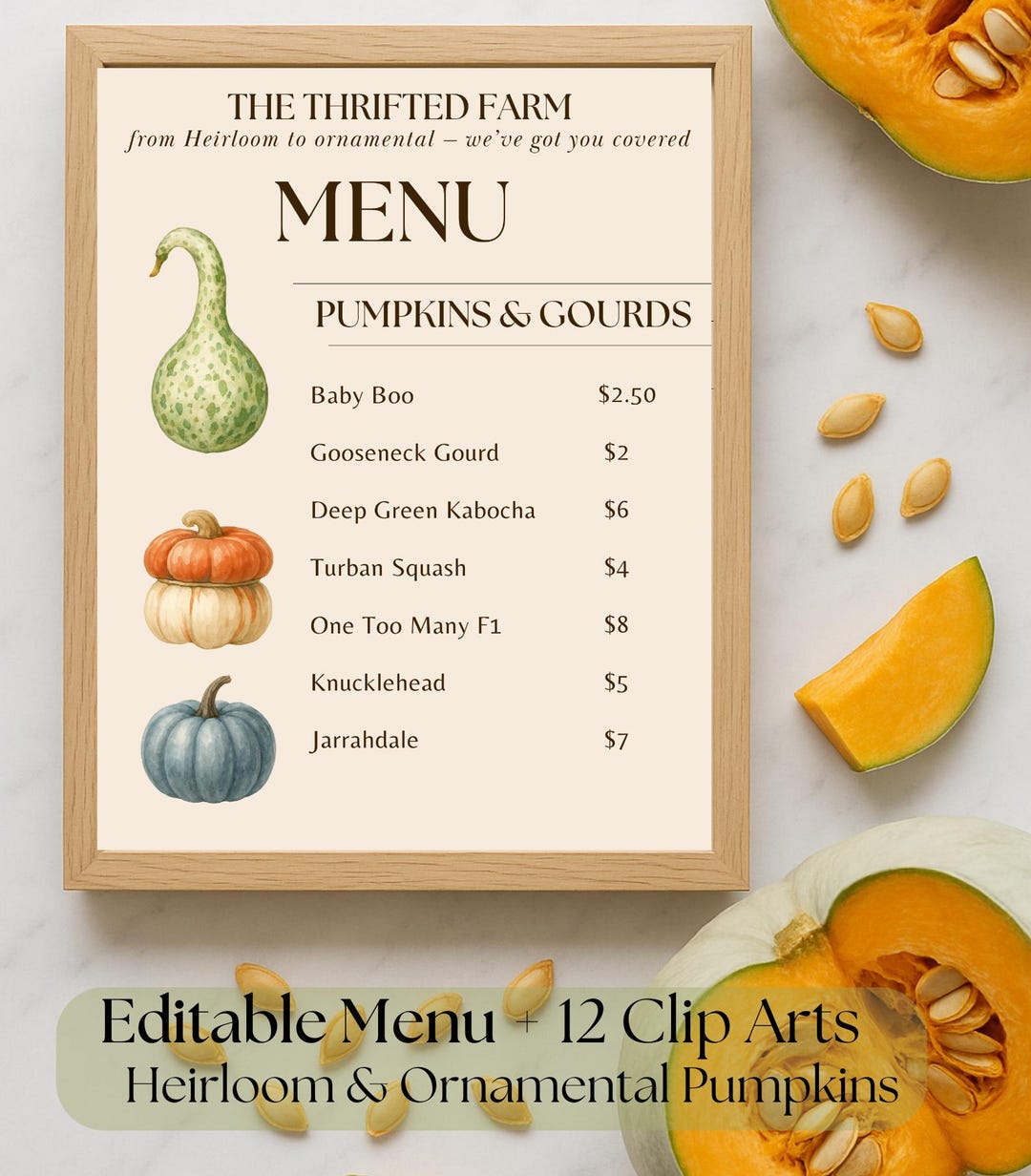 Editable Pumpkin Menu Template – Fall Farmstand Sign + 12 Heirloom ...
