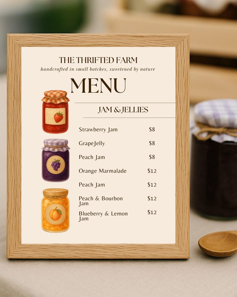 Printable Jam & Jelly Menu | Farmers Market Stand Sign | Rustic Kitchen ...