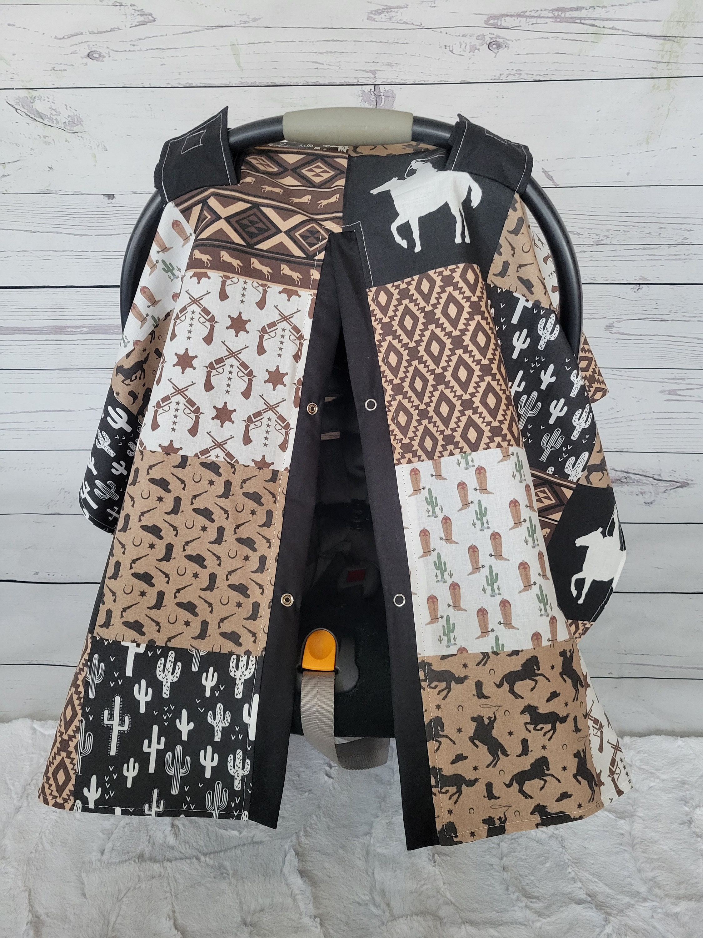 Western Desert Carseat Canopy, Cowboy Rodeo W/ Black, Personalized Baby ...