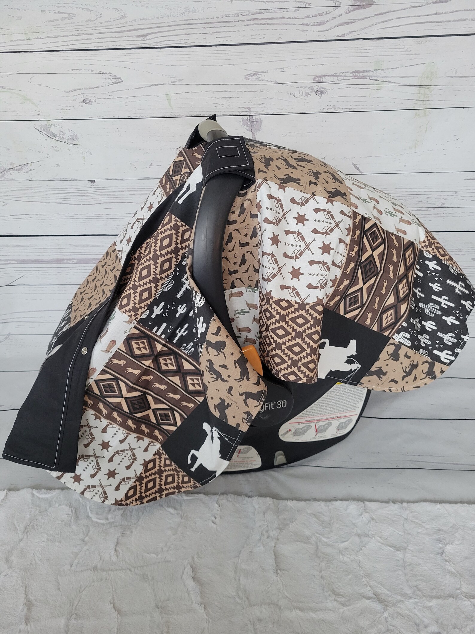 Western Desert Carseat Canopy, Cowboy Rodeo W/ Black, Personalized Baby ...