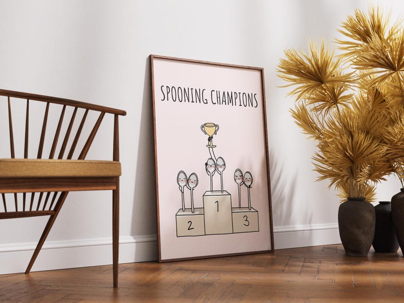 Spooning Champions Poster | Funny Couples Pun Print | Bedroom Wall Art ...