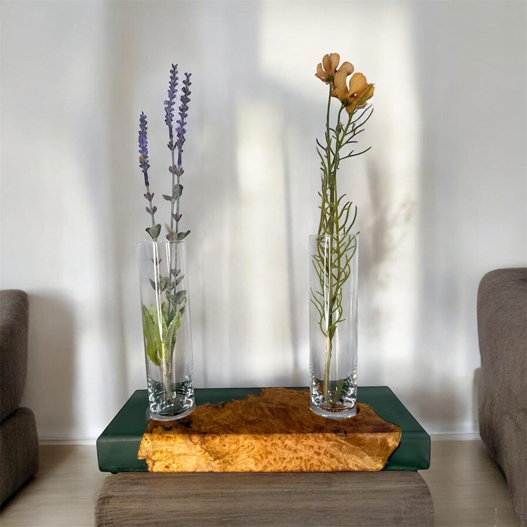 Wood & Resin Bud Vase Holder | Live Edge Burl Wood Centerpiece | Modern ...
