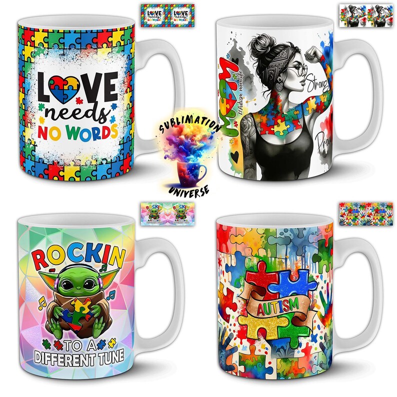 Autism Awareness Mug Designs | 16 Puzzle Ribbon 11oz Sublimation Wraps ...