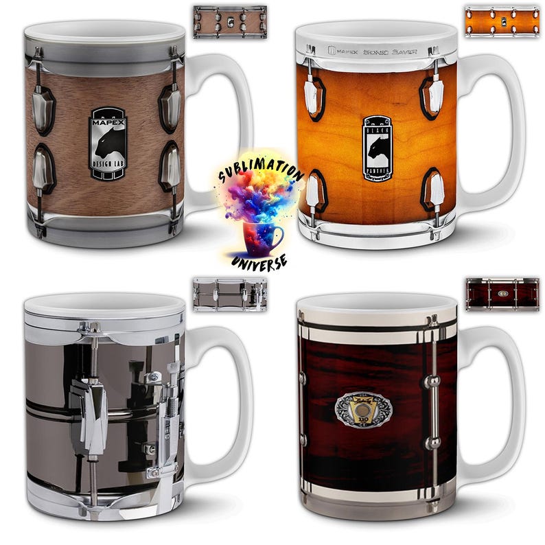 Snare Drum Mug Designs | 20 PNG 11oz Sublimation Wraps | Realistic Drum ...