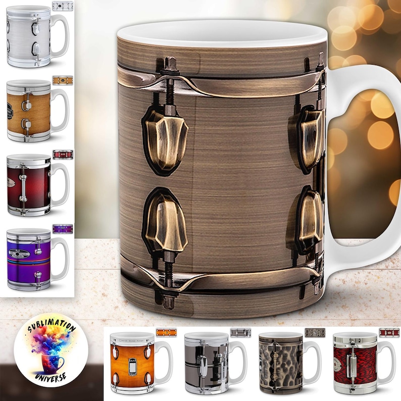 Snare Drum Mug Designs | 20 PNG 11oz Sublimation Wraps | Realistic Drum ...