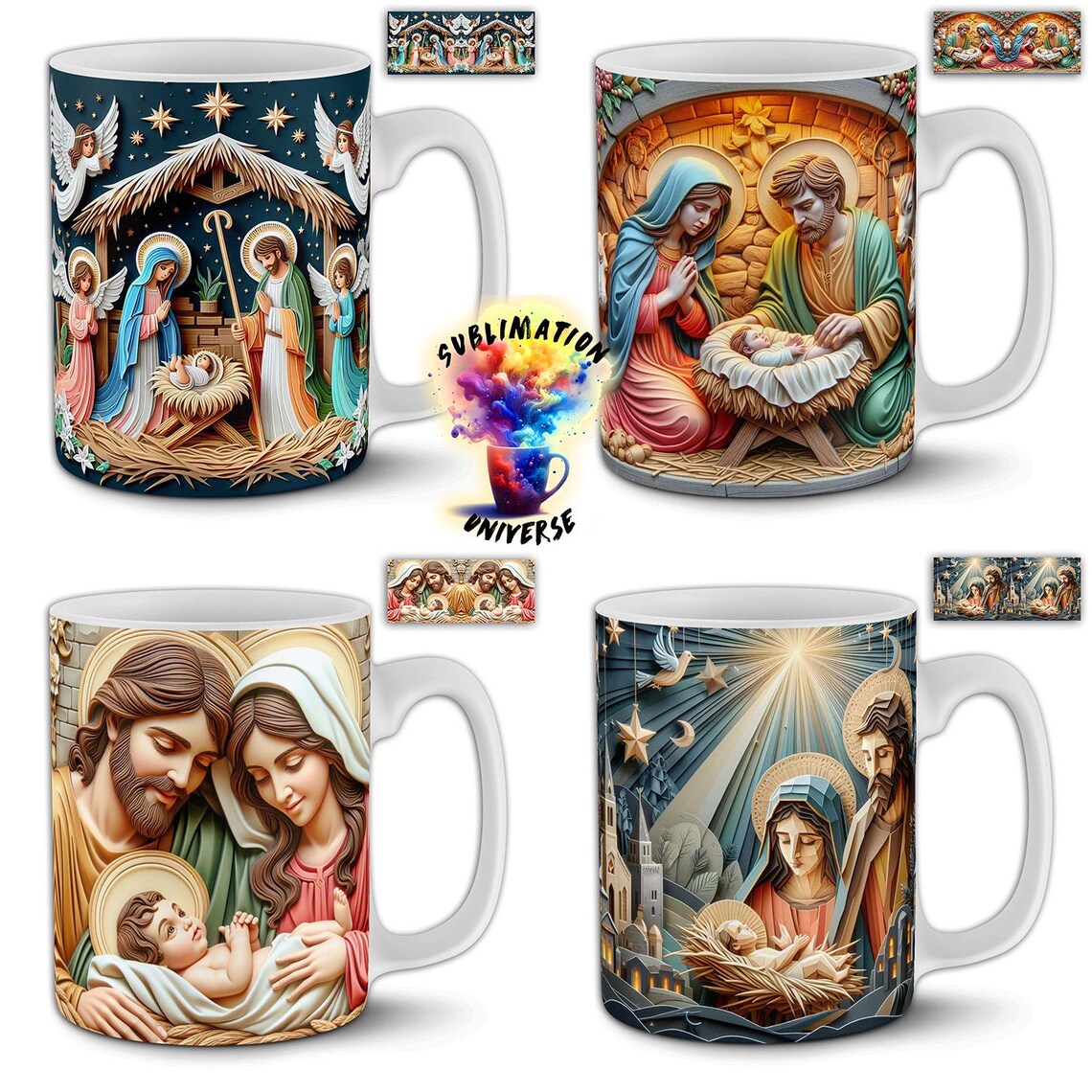 3D Nativity Mug Designs | 12 Christian Holiday 11oz Sublimation Wraps ...