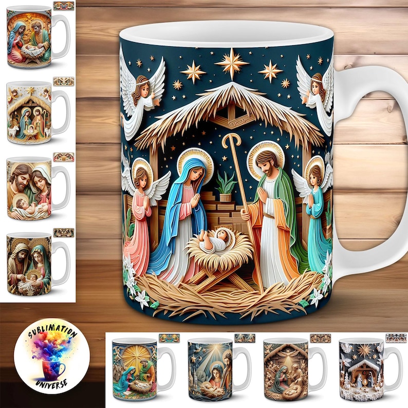 3D Nativity Mug Designs | 12 Christian Holiday 11oz Sublimation Wraps ...