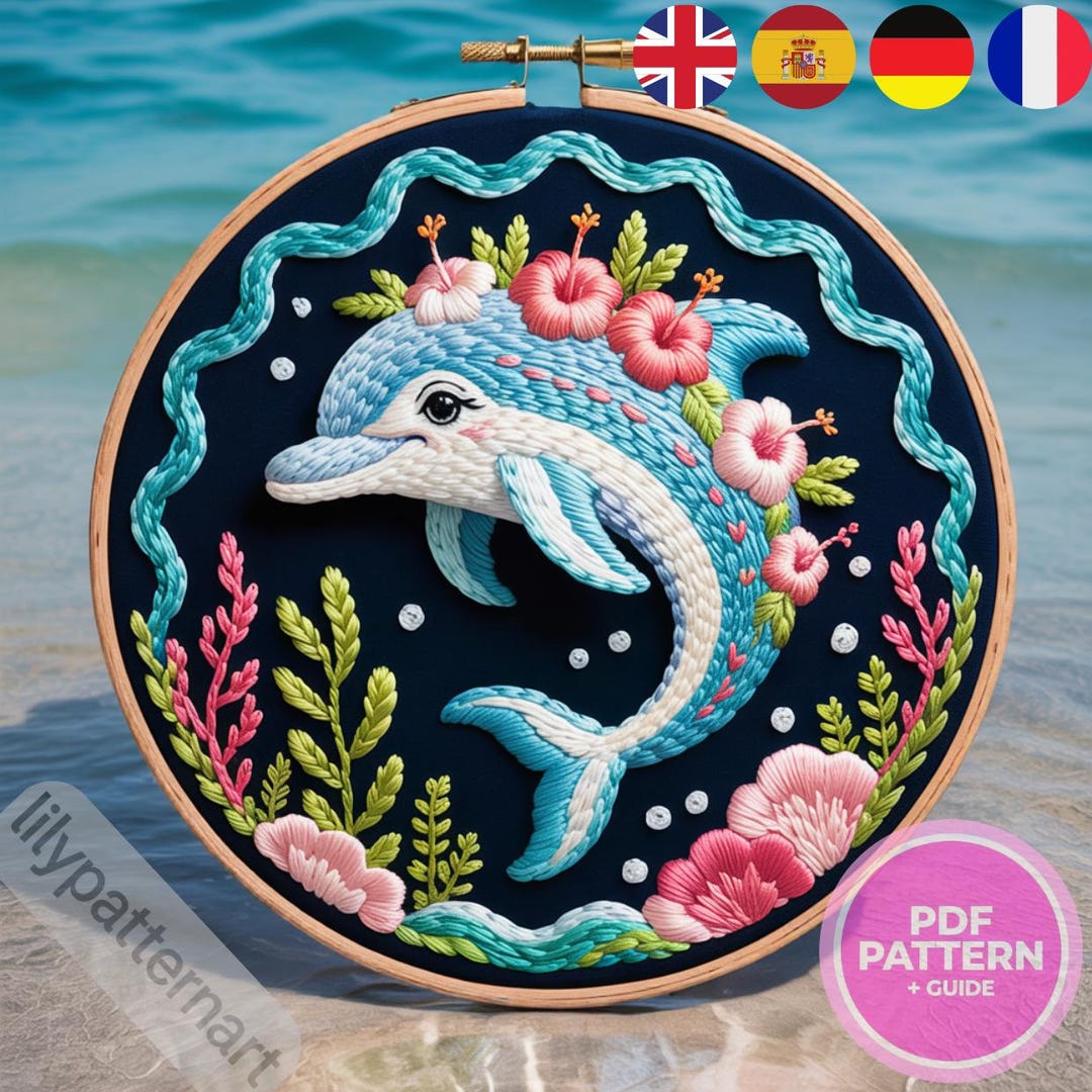 Floral Dolphin Hand Embroidery Pattern — Ocean Hoop PDF, DMC Colors ...