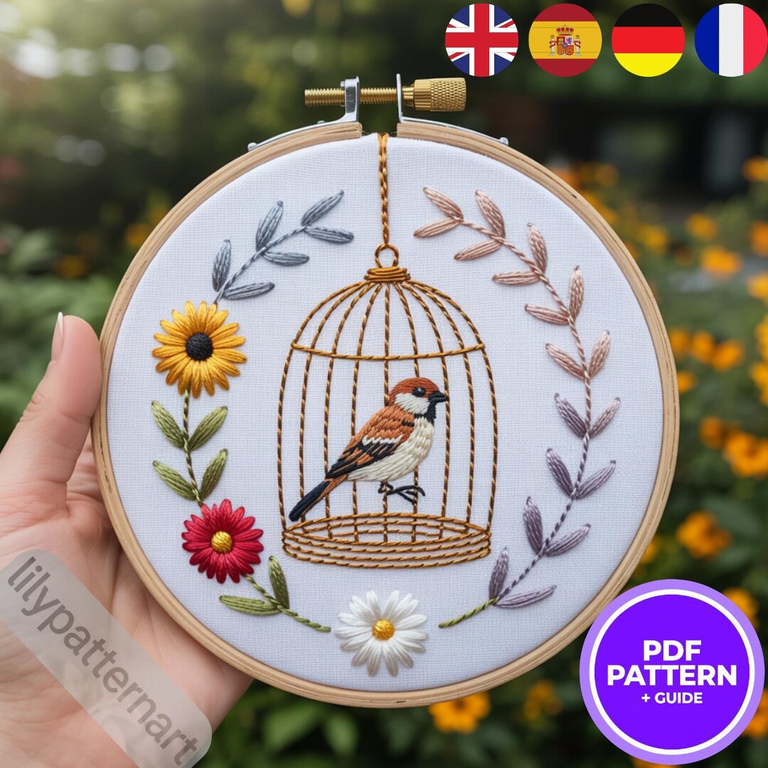 Bird in Cage Embroidery Pattern Design — Floral Wreath Hoop PDF ...