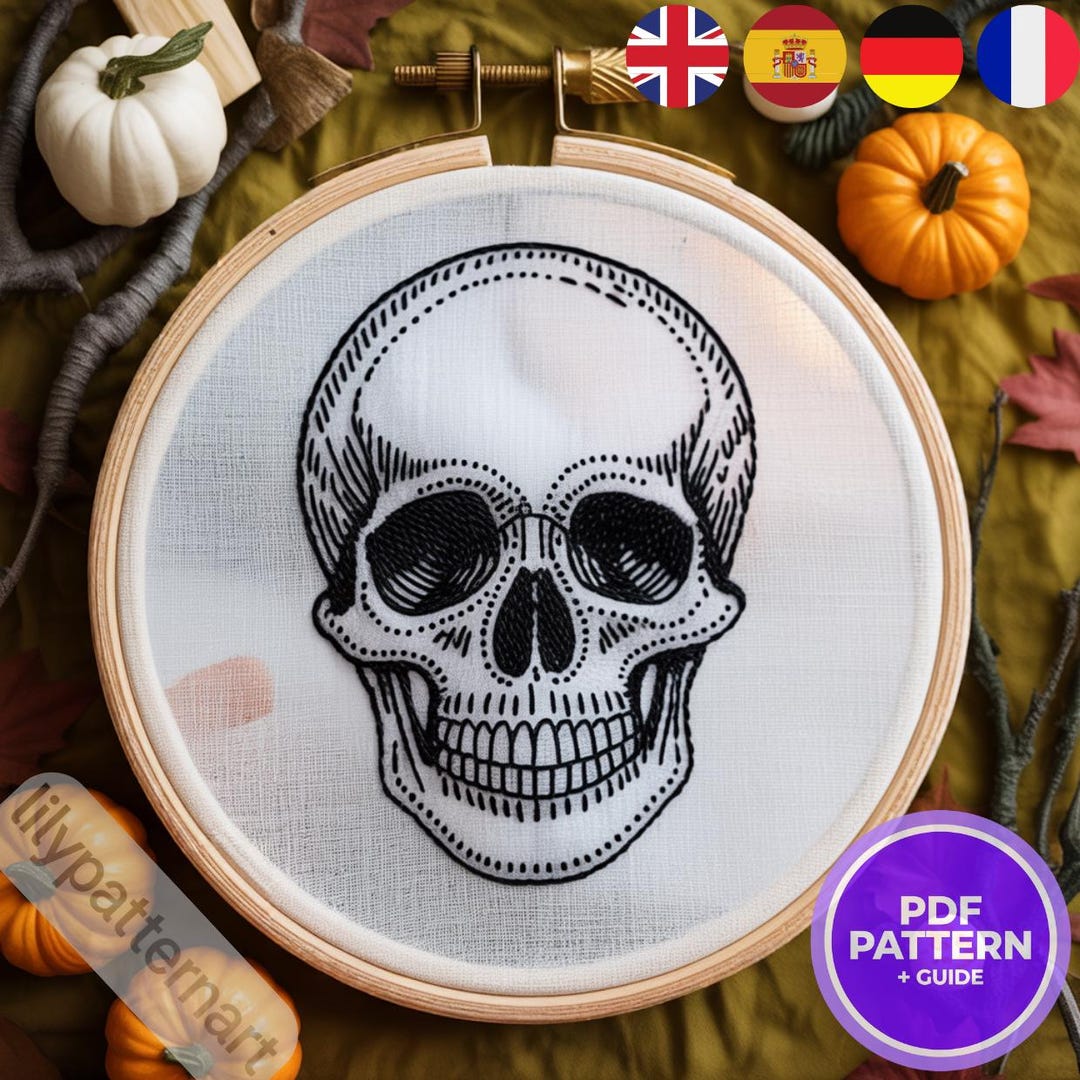 Skull Hand Embroidery Pattern — Gothic Halloween Hoop PDF, DMC Colors ...