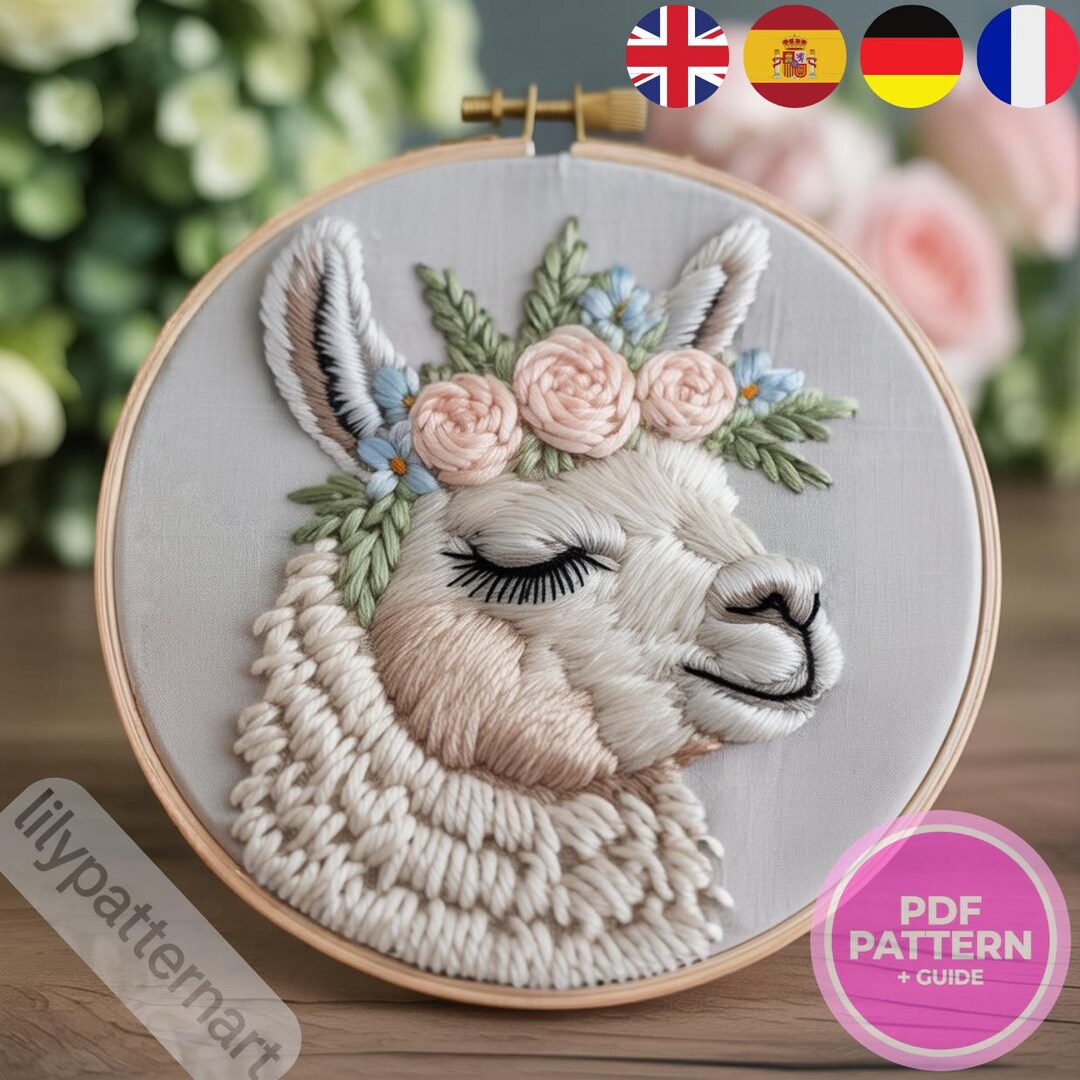 Floral Llama Hand Embroidery Pattern – Cute Alpaca Hoop PDF (fits 3–8 ...