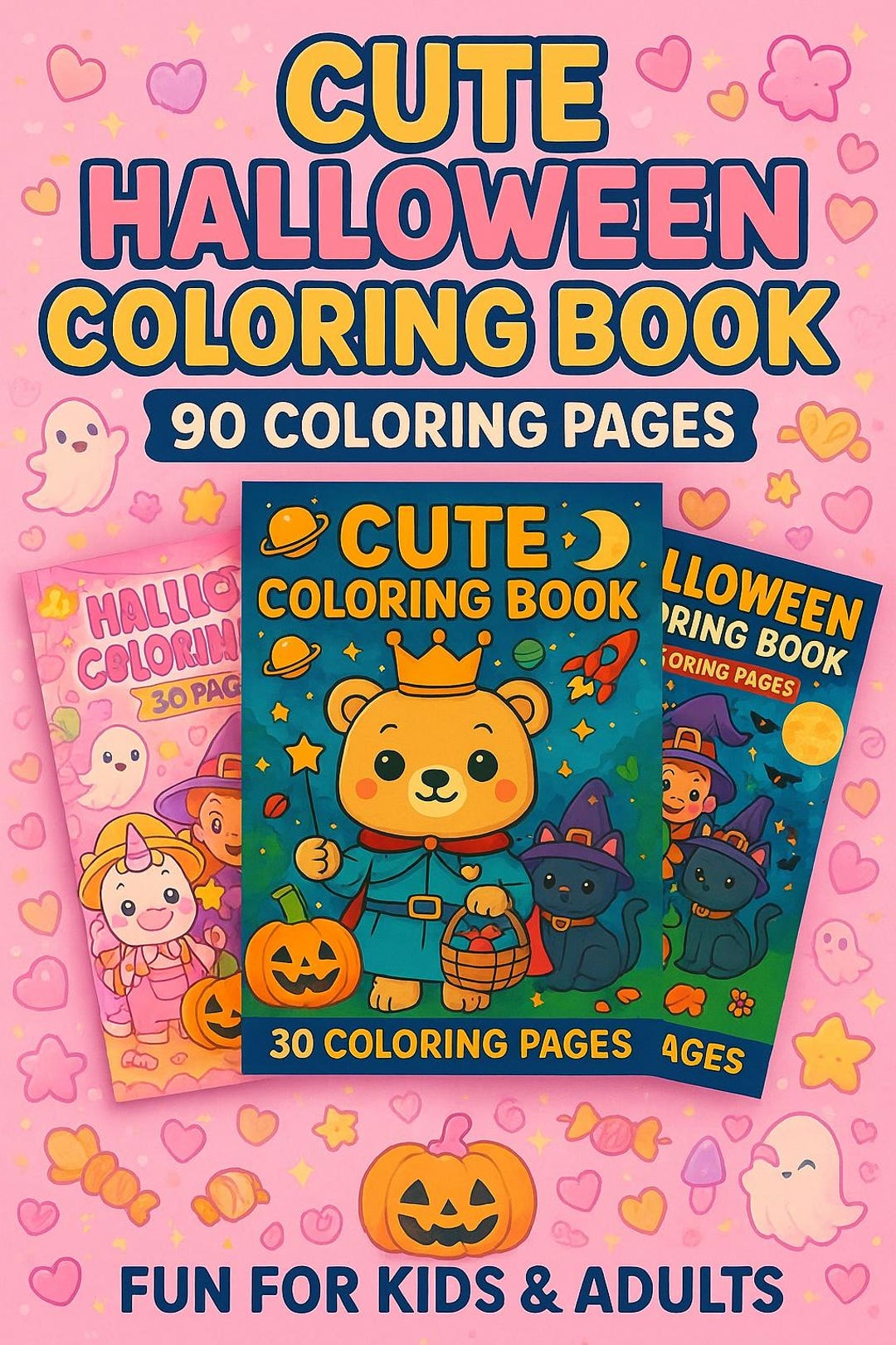 Kawaii Halloween Coloring Book Bundle: Ghosts, Witches, Cats (3 PDF ...