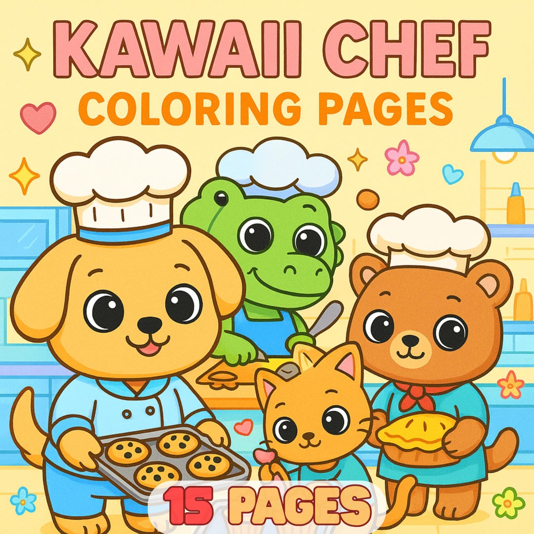 Kawaii Animal Chef Coloring Pages: Kids Baking Activity (digital ...