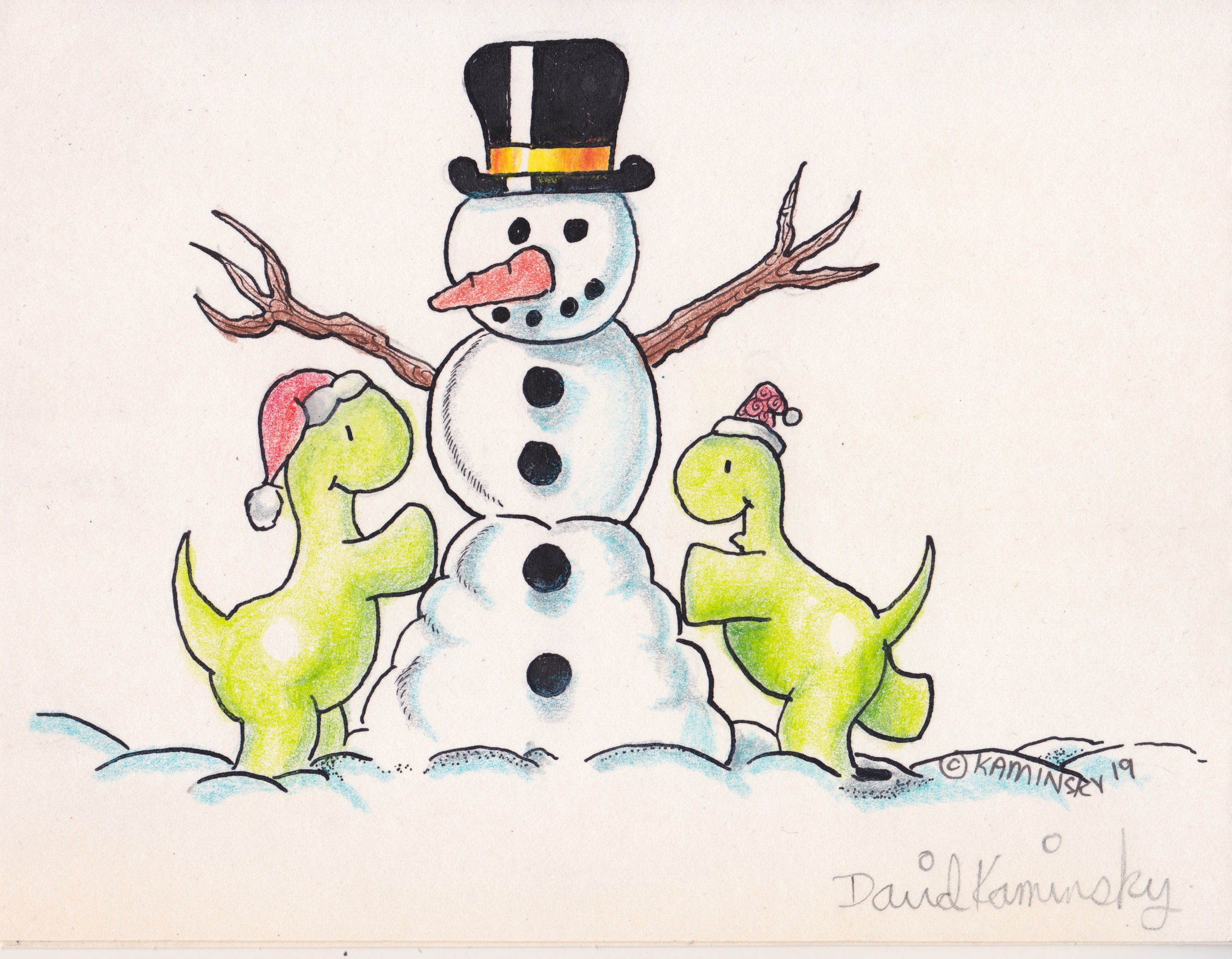 Hand-drawn, Handmade, Whimsical Christmas Card With Baby Dinosaurs and ...
