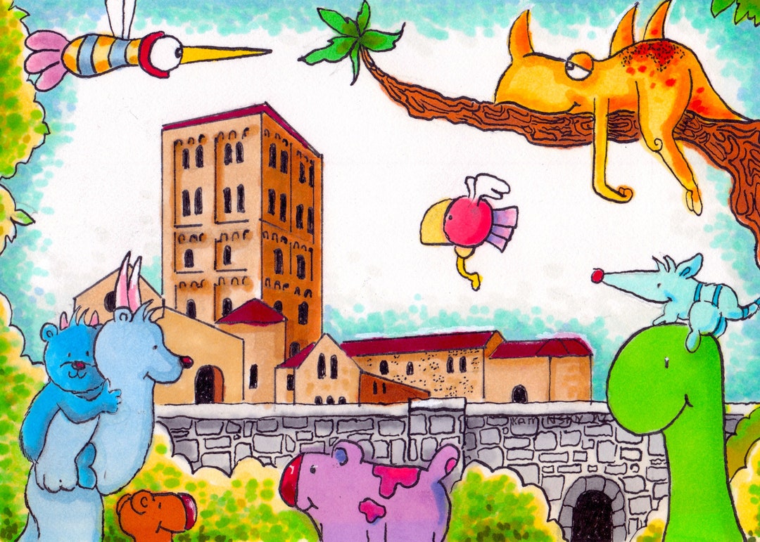 Whimsical Art Card Featuring Funny Imaginary Animals Visiting the ...