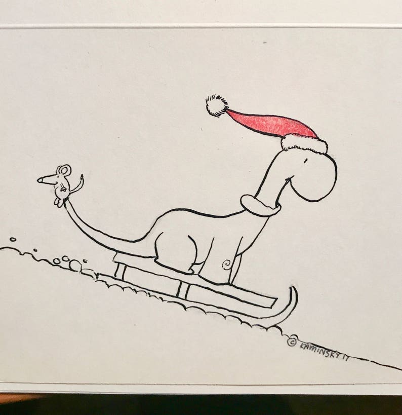 Original Handmade Dinosaur Christmas Card: Sledding Dino in Santa Hat ...