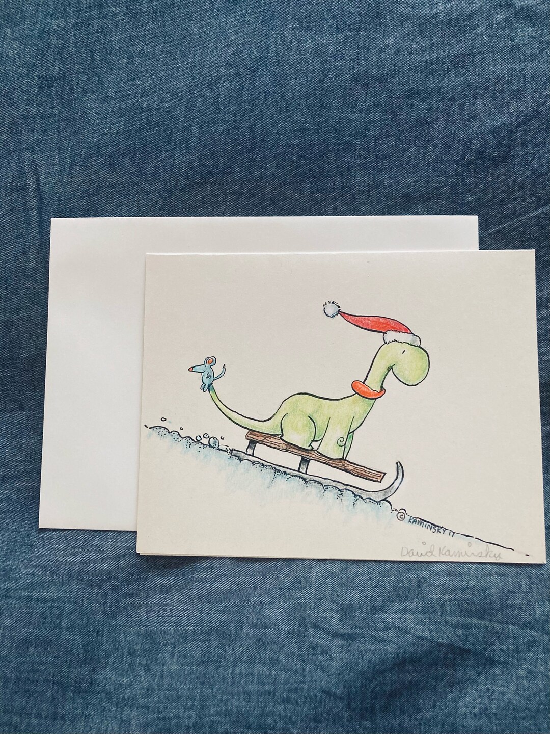 Original Handmade Dinosaur Christmas Card: Sledding Dino in Santa Hat ...