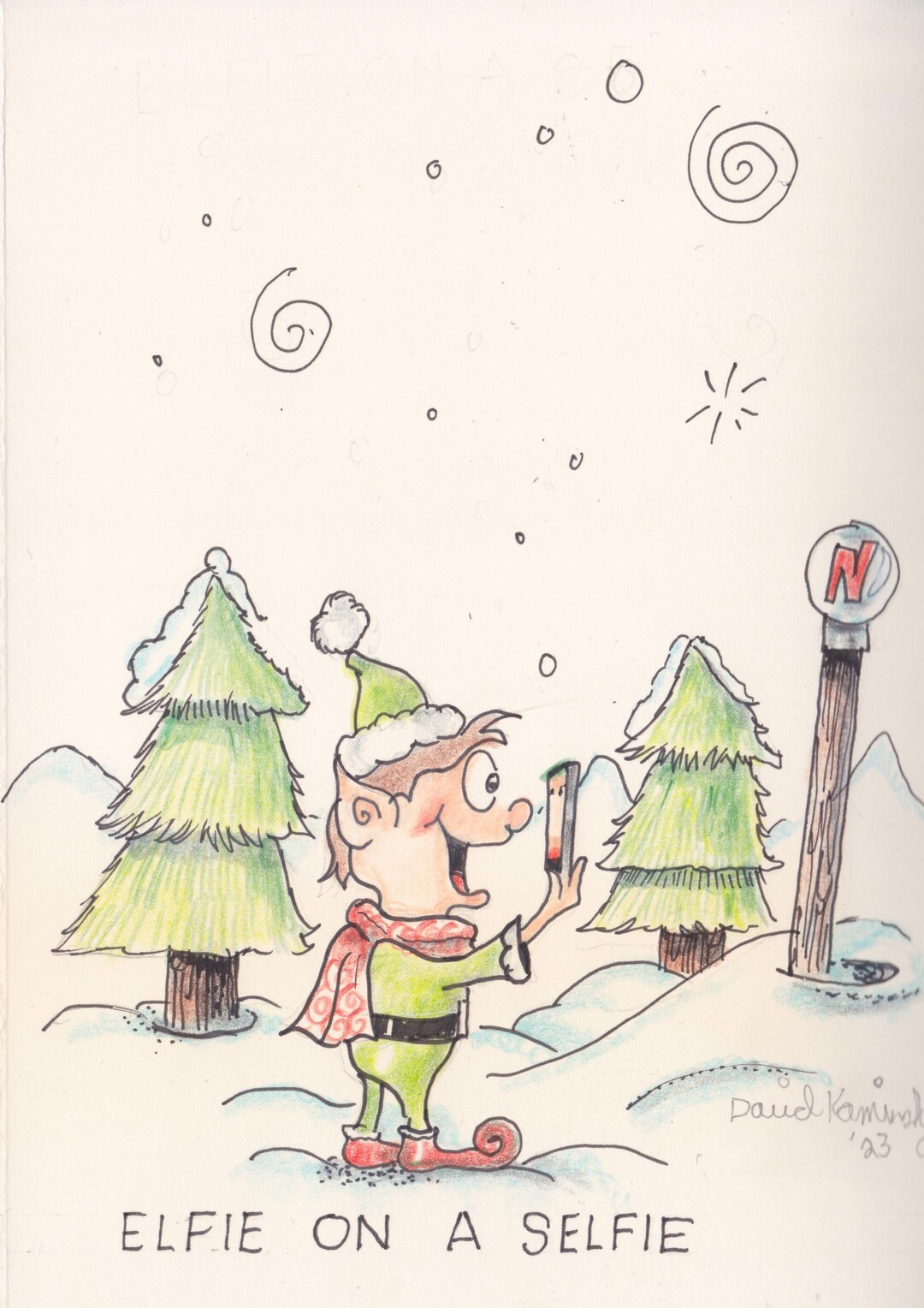 Elfie on A Selfie, Humorous Hand-drawn, Hand Colored Christmas Card ...