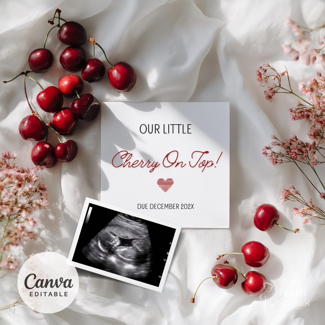 Minimal Cherry Baby Announcement: Digital Pregnancy Reveal (editable ...