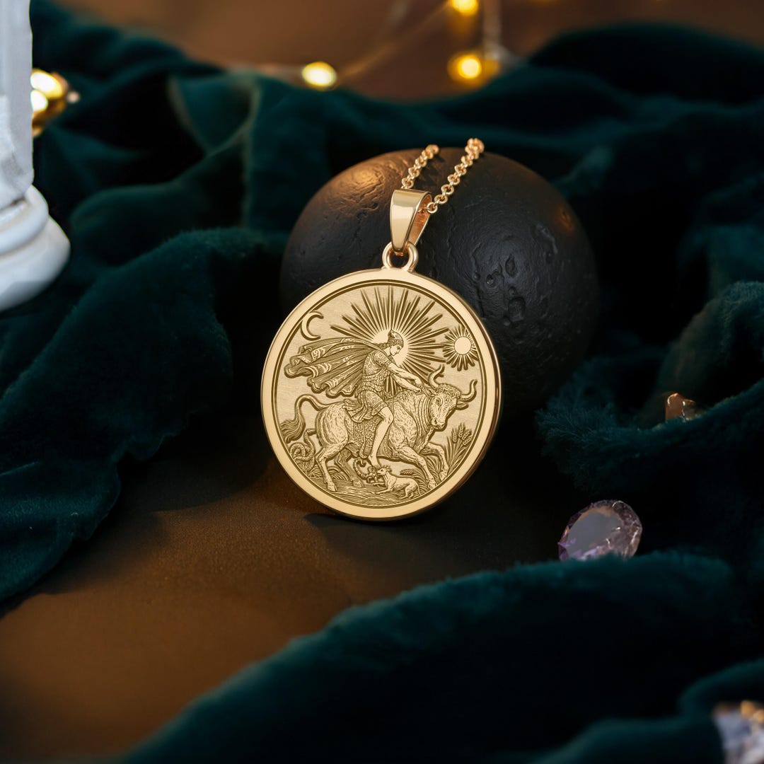 Mithra Necklace: 14K Gold Tauroctony Pendant, Mythology Jewelry - Etsy