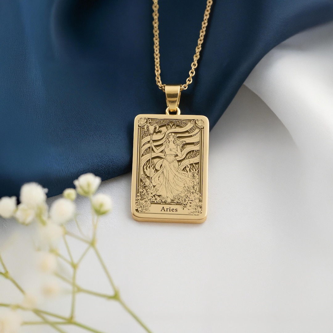 Aries Necklace: 14K Gold Tarot Card Astrology Pendant - Etsy