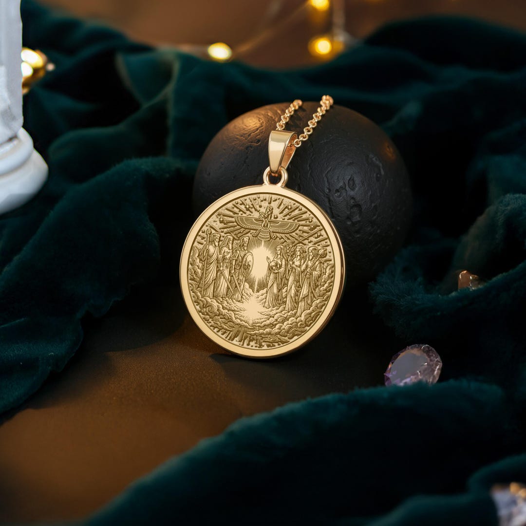 Amesha Spenta Necklace: 14K Gold Persian Angels Pendant, Zoroastrian ...