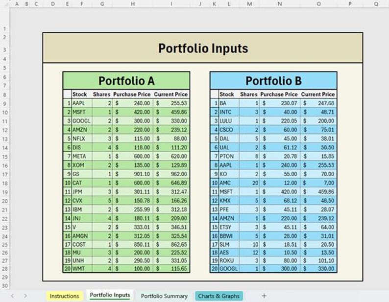 Full Version | Compare Two Stock Portfolios Excel | Investment Tracker ...