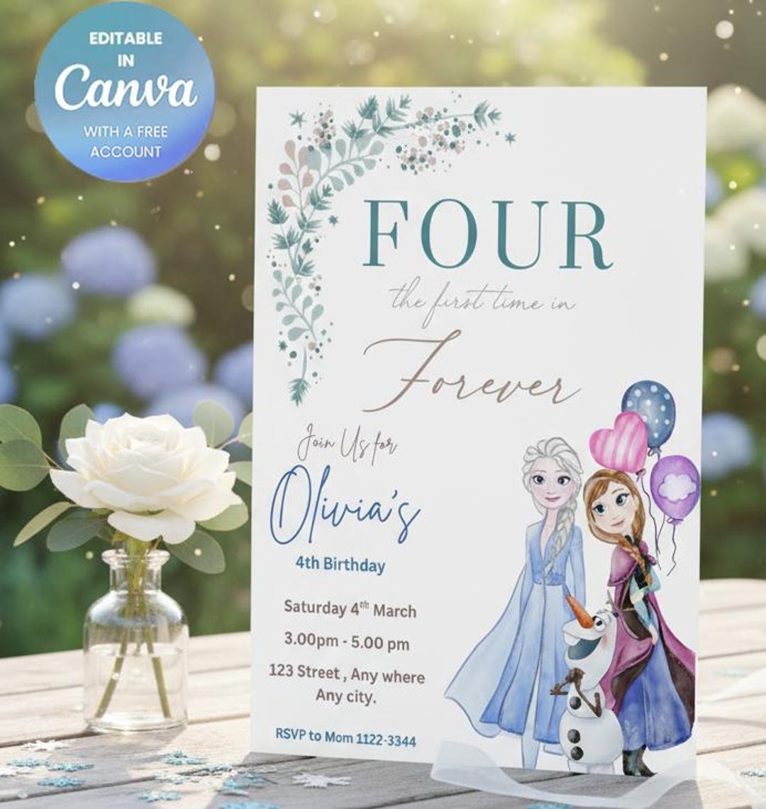 Frozen 4th Birthday Invitation, Elsa and Anna Theme (editable in Canva ...