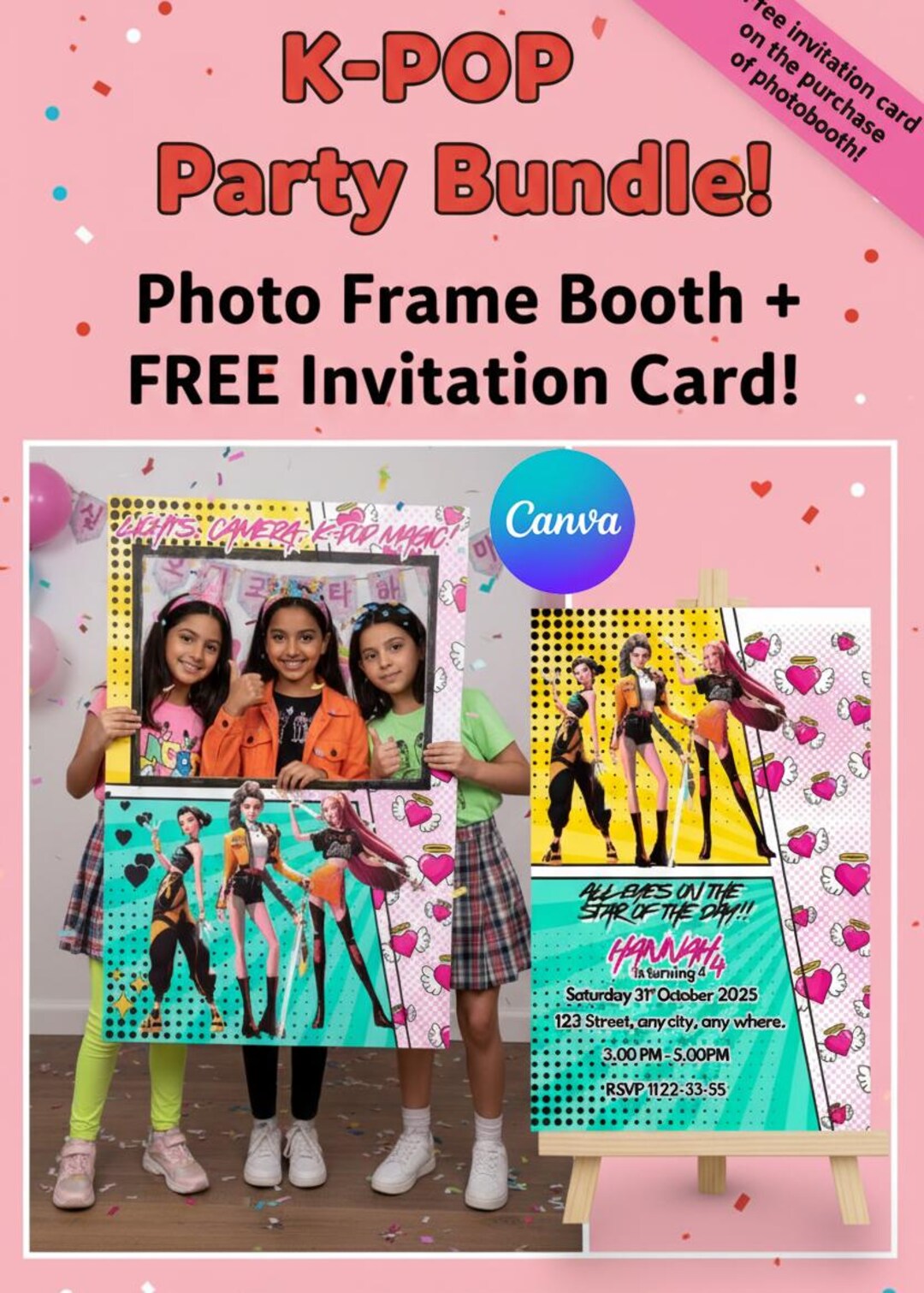 KPOP Demon Hunters Photobooth Frame and Birthday Invitation, Editable K ...