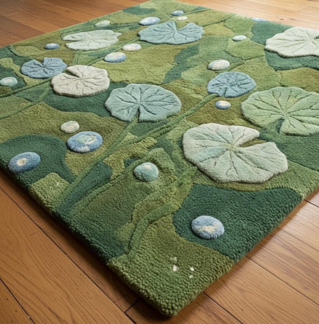 Moss Green Forest Pebble Ball Wool Hand Tufted Rug Lotus Flower Rug - Etsy