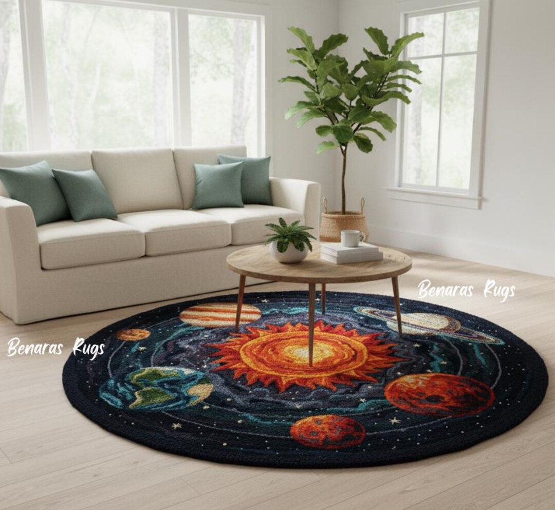 Solar Planet Hand-tufted Wool Round Rug 6x6 Kids Playing Carpet, Space ...