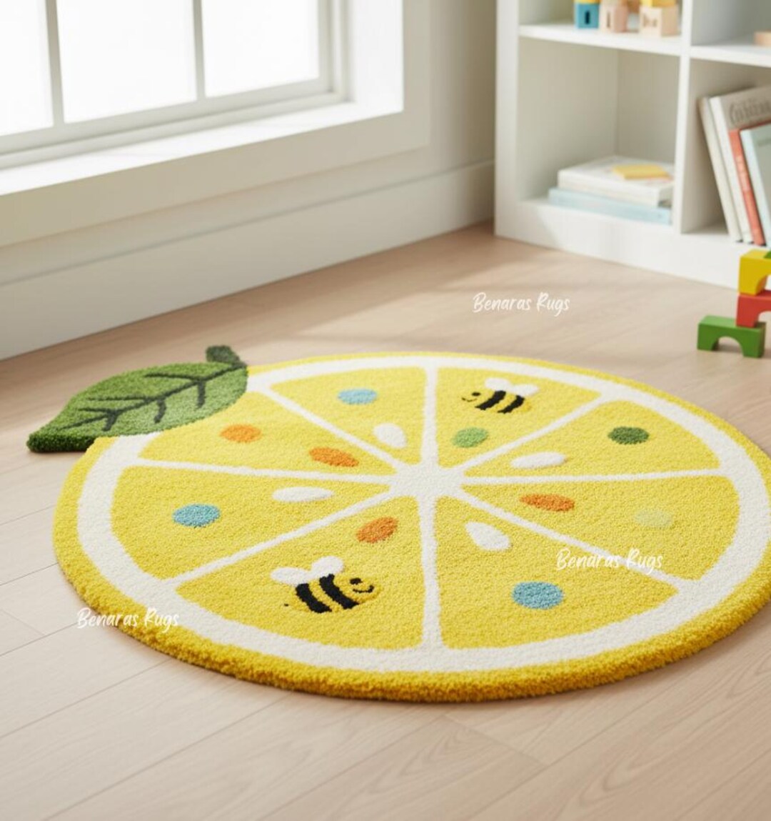 Lemon Pattern Hand-tufted Wool Round Rug 6x6 Kids Playing Carpet ...