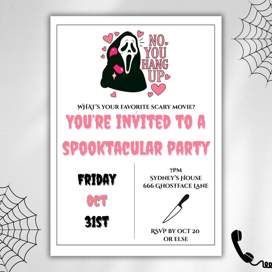 Scream Ghostface Halloween Party Invitation: Pink, Black, White ...
