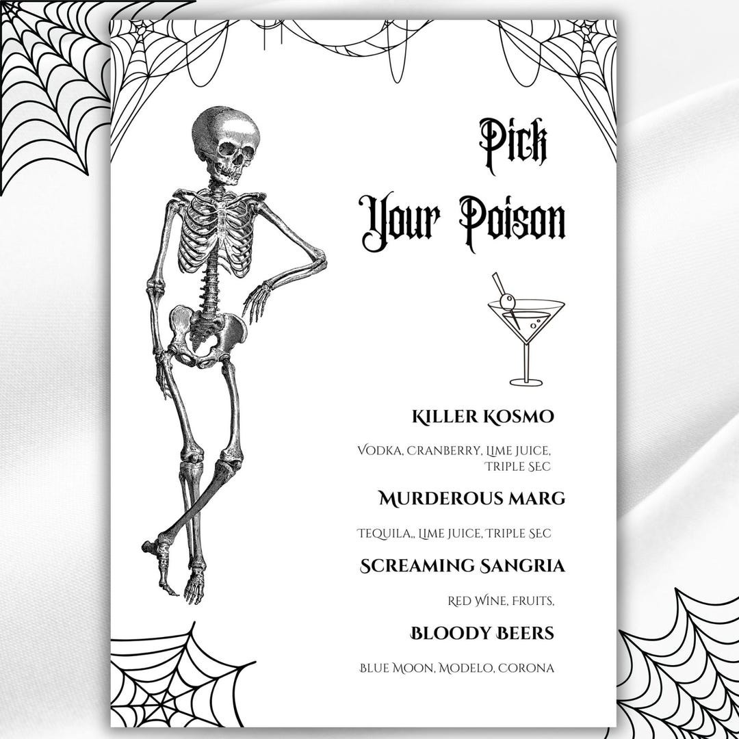 Spooky Skeleton Cocktail Menu: Halloween Party Drink Sign (digital ...
