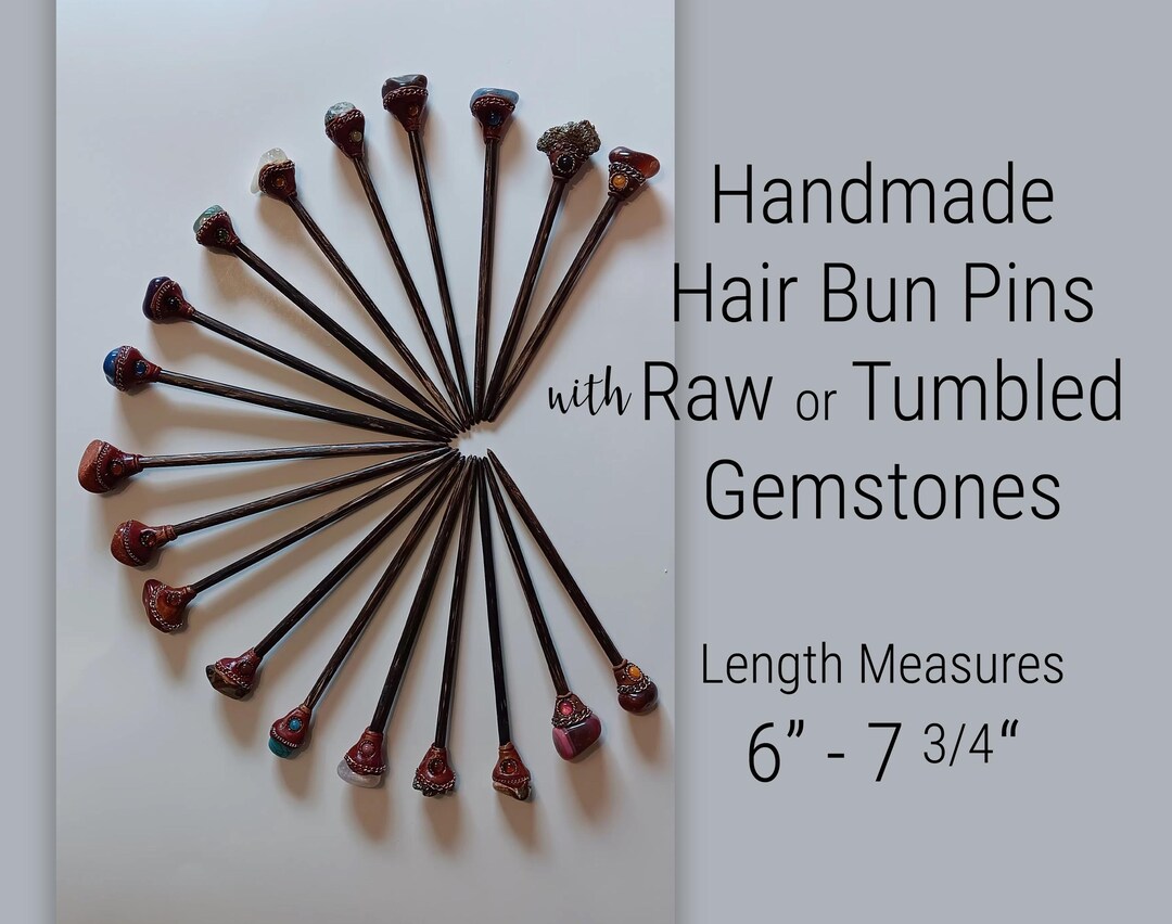 Handmade Wooden Hair Bun Stick Pin Raw or Tumbled Gemstone Crystal Boho ...