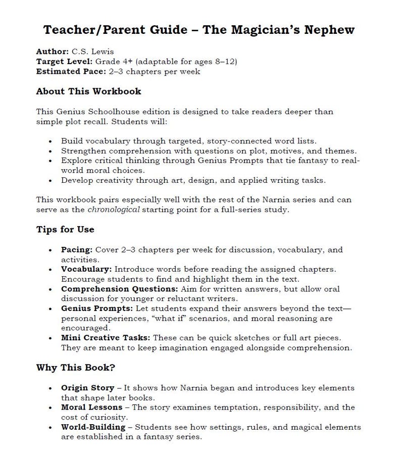 The Magician's Nephew Workbook: Narnia Literature Study (PDF Download ...
