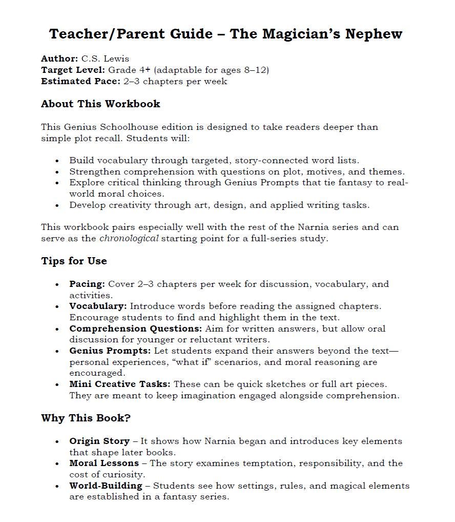 The Magician's Nephew Workbook: Narnia Literature Study (PDF Download ...