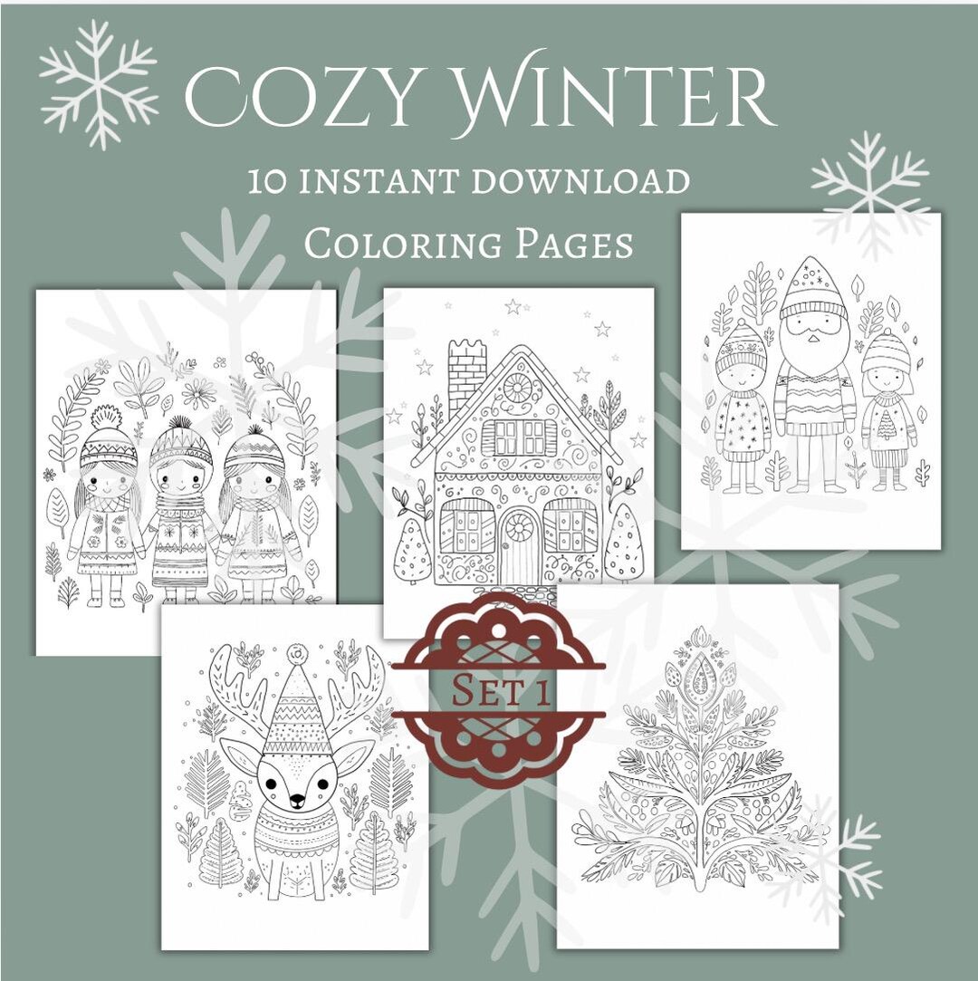 10 Cozy Winter Coloring Pages, Set 1, Hand-drawn, Instant Download ...