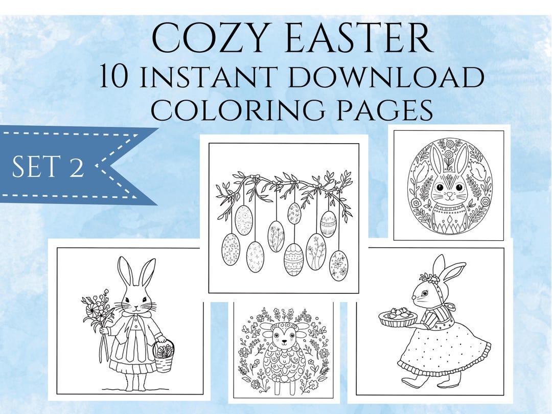 10 Cozy Easter Coloring Pages, Set 2, Hand-drawn, Instant Download ...