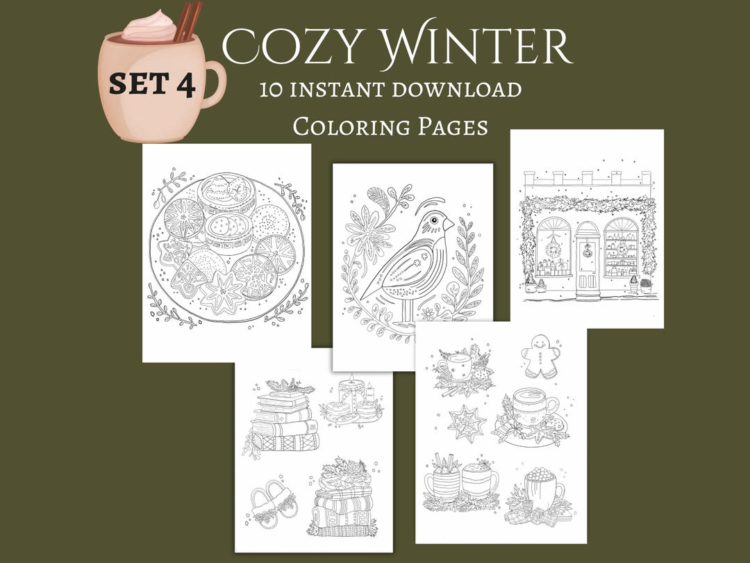10 Cozy Winter Coloring Pages, Set 4, Hand-drawn, Instant Download ...