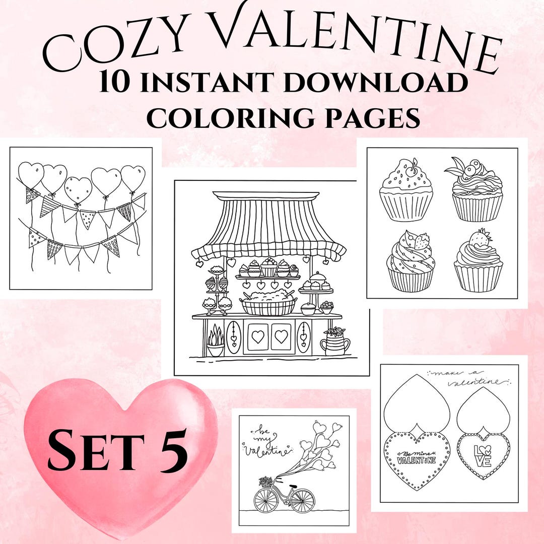 10 Cozy Valentine Coloring Pages, Set 5, Hand-drawn, Instant Download ...