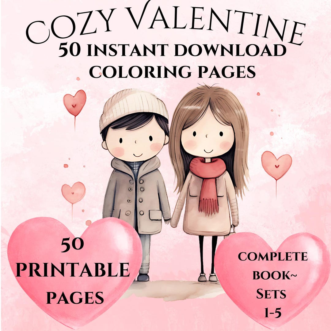 50 Cozy Valentine Coloring Pages, Sets 1-5, Hand-drawn, Instant ...