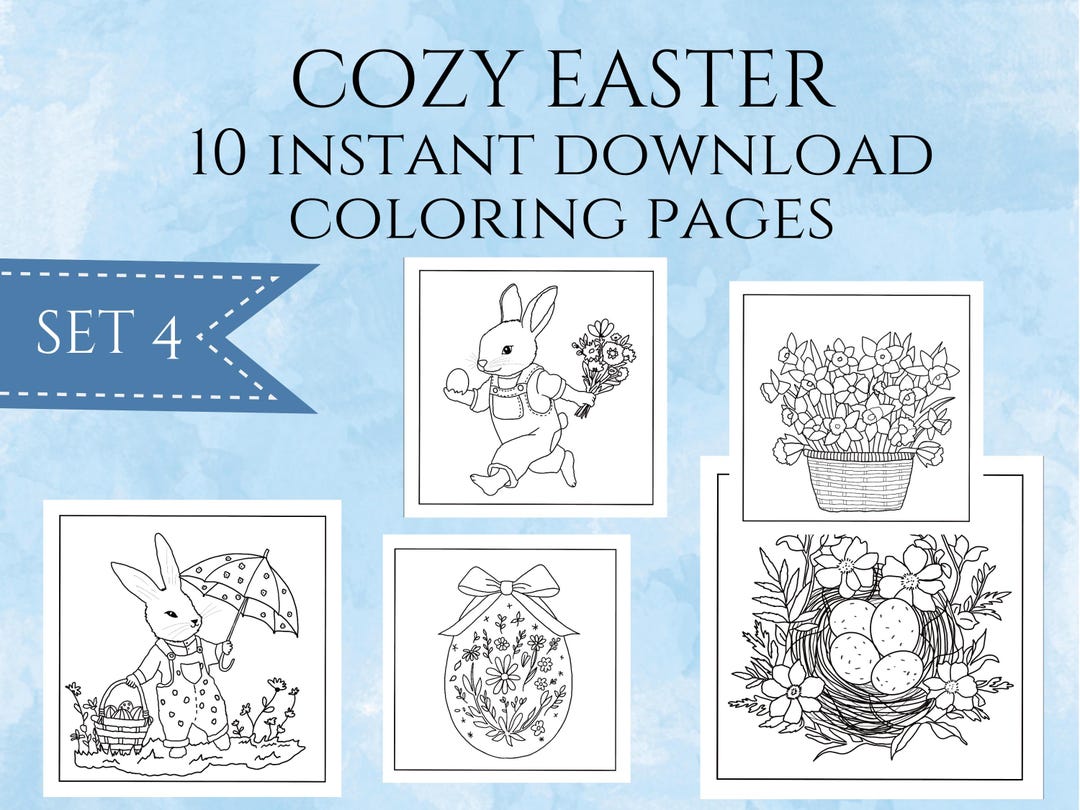 10 Cozy Easter Coloring Pages, Set 4, Hand-drawn, Instant Download ...