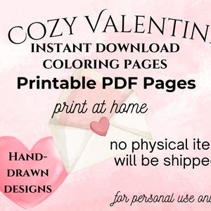 Cozy Valentine Coloring Pages, Set 5, Hand-drawn Illustrations (instant ...