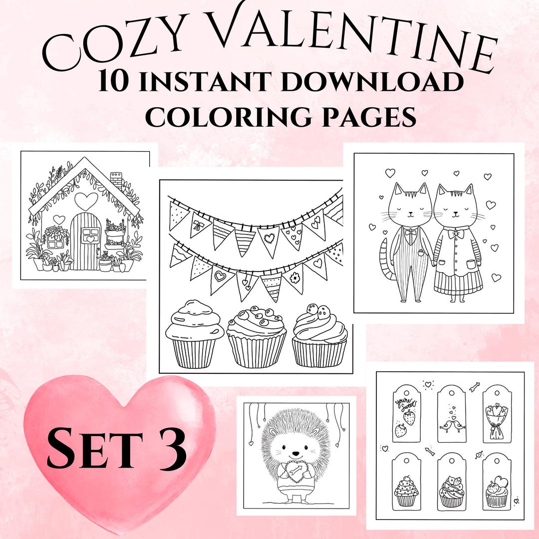10 Cozy Valentine Coloring Pages, Set 3, Hand-drawn, Instant Download ...