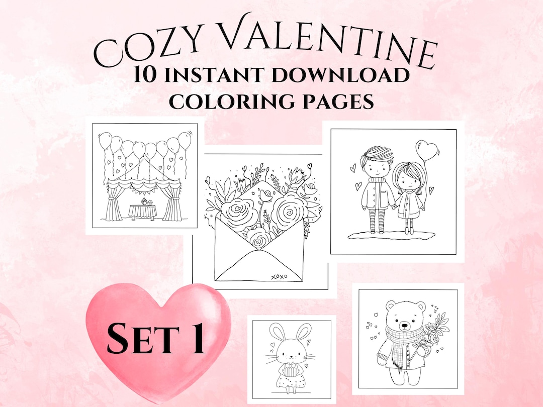 10 Cozy Valentine Coloring Pages, Sets 1, Hand-drawn, Instant Download ...