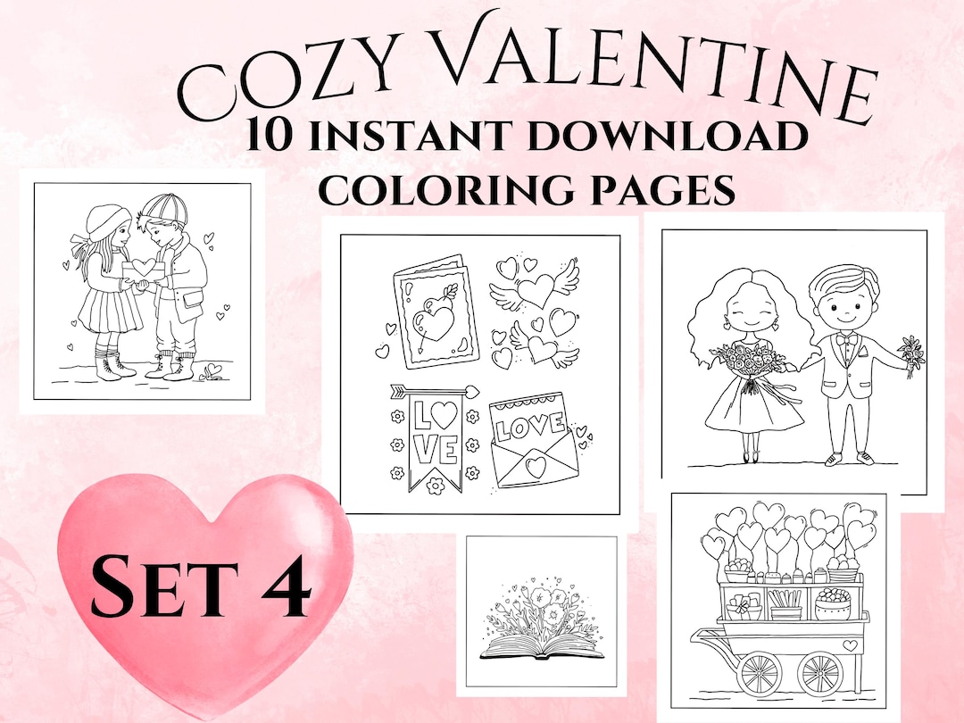 10 Cozy Valentine Coloring Pages, Set 4, Hand-drawn, Instant Download ...