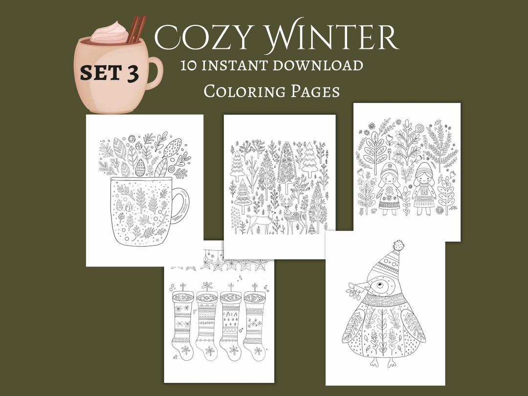 10 Cozy Winter Coloring Pages, Set 3, Hand-drawn, Instant Download ...