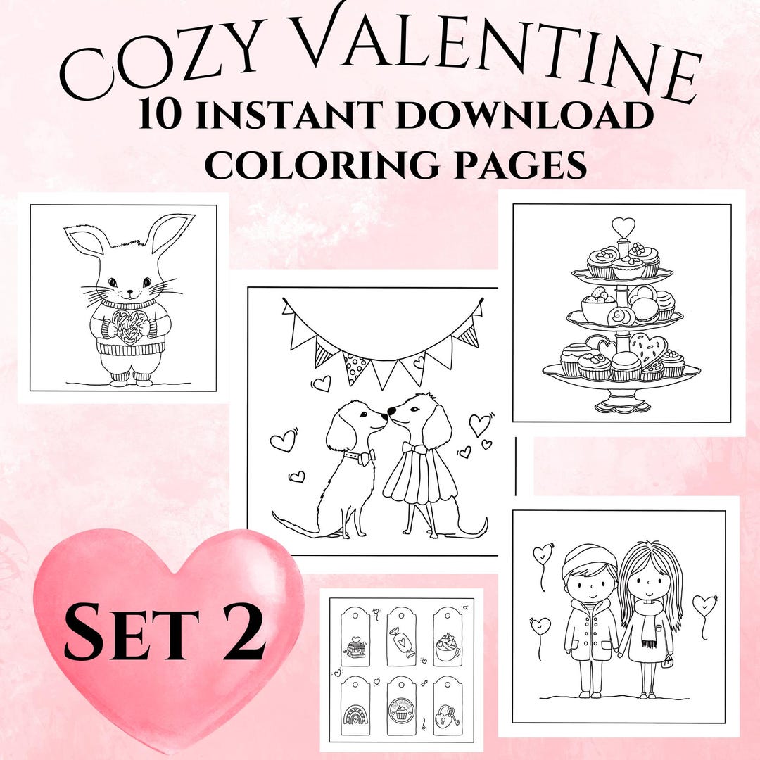 10 Cozy Valentine Coloring Pages, Set 2, Hand-drawn, Instant Download ...