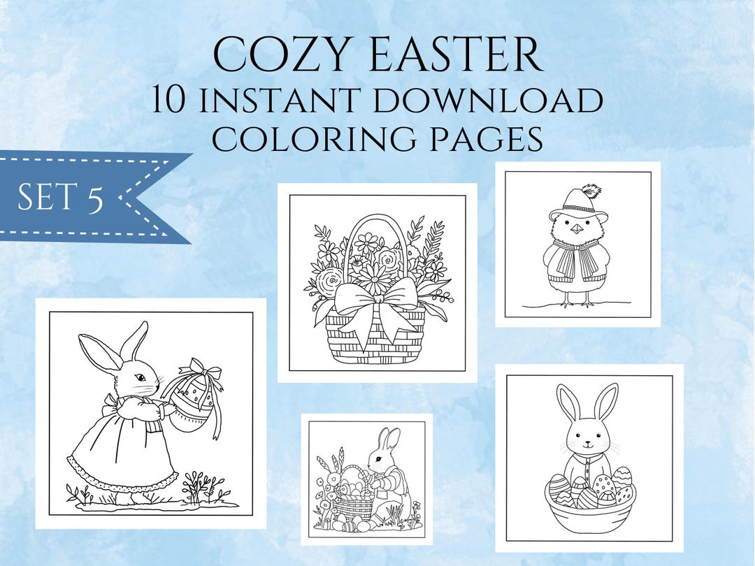 10 Cozy Easter Coloring Pages, Set 5, Hand-drawn, Instant Download ...